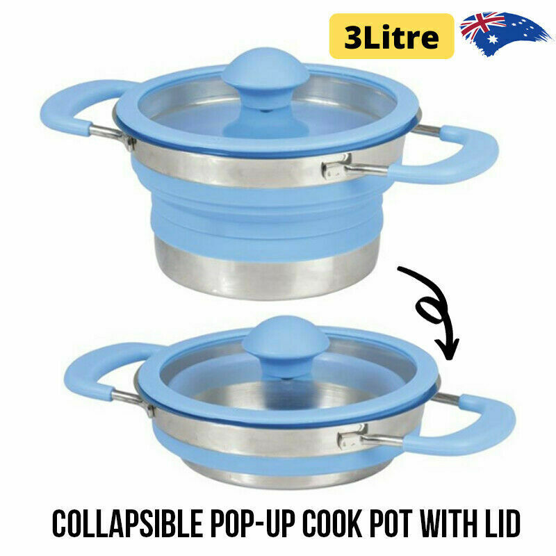 1x Collapsible Pop-up 3L Cook Pot with Lid Stainless Steel Base Campin ...
